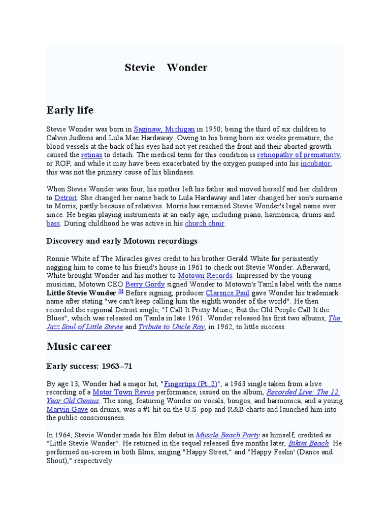 Stevie Wonder: Early Life & Career | PDF | African American Music