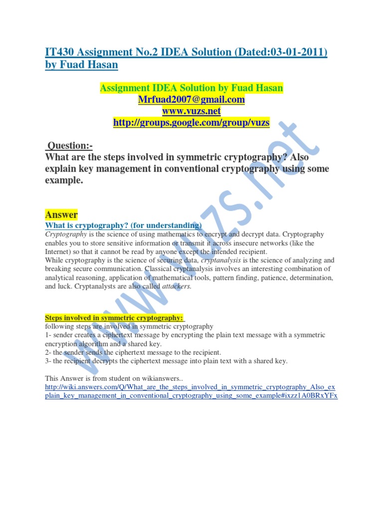 IT430 Assignment No2 Idea Solution by Fuad Net | PDF | Cryptography | Key (Cryptography)