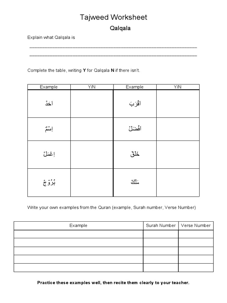 Qalqala Tajweed Practice Worksheet | PDF
