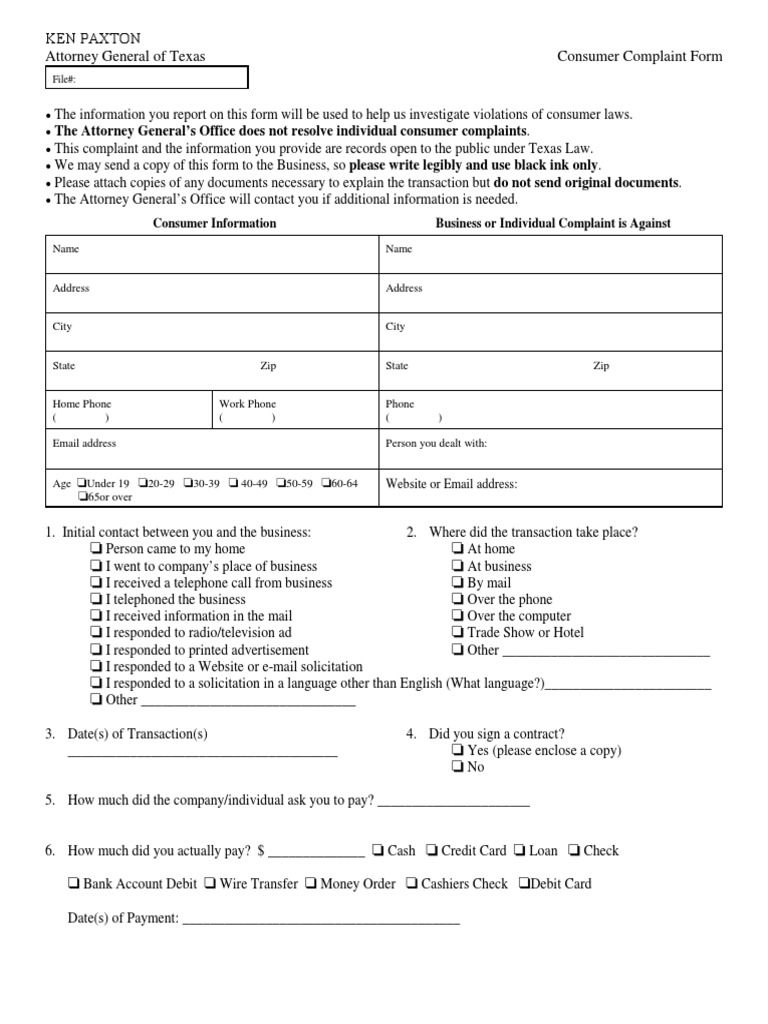 Ken Paxton Attorney General of Texas Consumer Complaint Form | PDF ...
