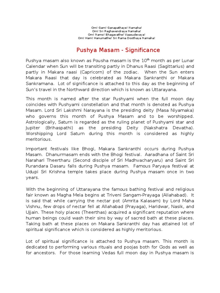 Pushya Masam - Significance | PDF | Planets In Astrology | Indian Religions