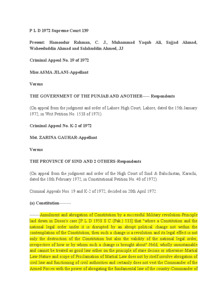 Asma Jillani Case Complete | PDF | Martial Law | Jurisprudence