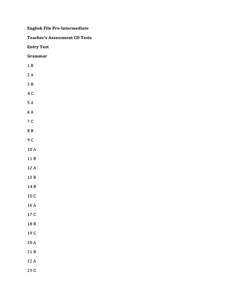 English File Pre-Intermediate Teacher's Assessment CD Tests Entry Test ...