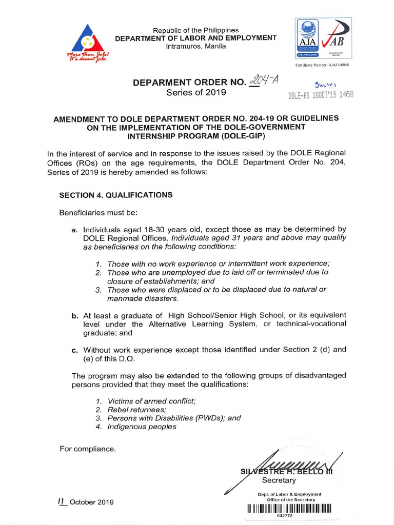DO 204 A 19 Amendment To DOLE Department Order No. 204 19 or Guidelines ...
