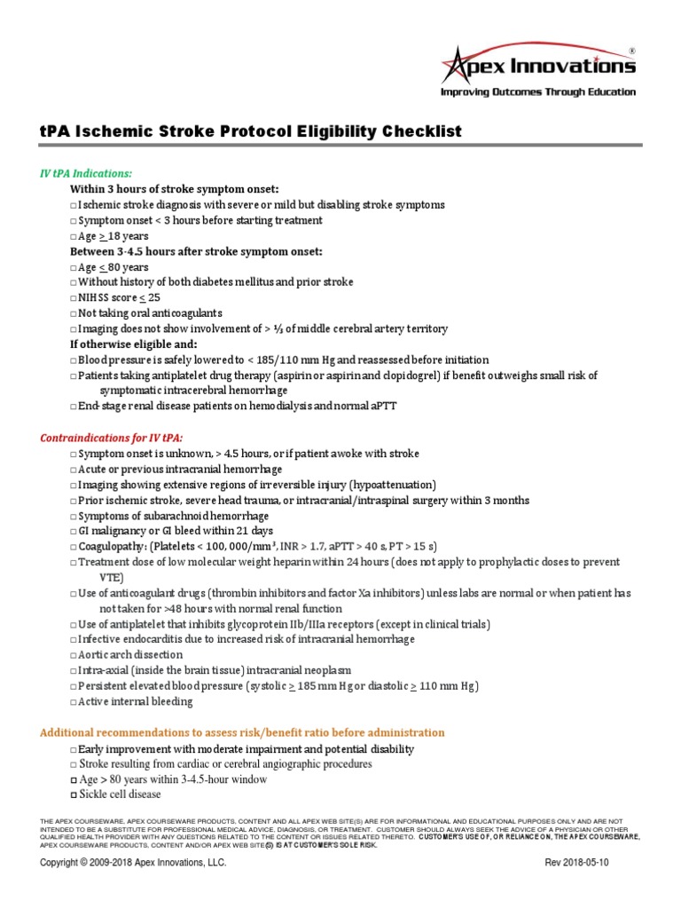 tPA Ischemic Stroke Protocol Eligibility Checklist | PDF | Stroke ...