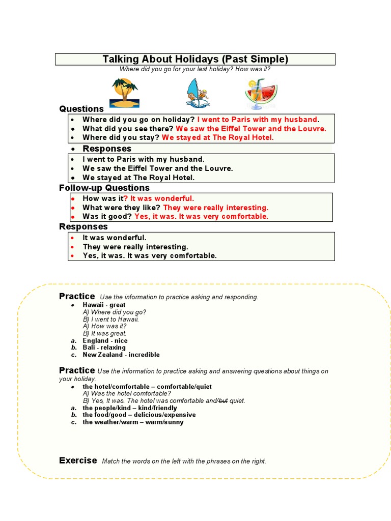 Talking About Holidays (Past Simple) : Questions | PDF