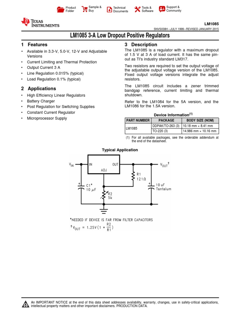 LM1085 3-A Low Dropout Positive Regulators: 1 Features 3 Description ...