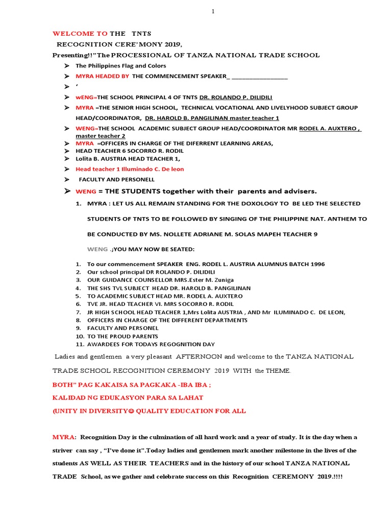 RECOGNITION DAY Script | Download Free PDF | Teaching | Educational ...