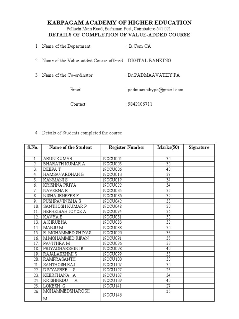 Karpagam Academy of Higher Education: Details of Completion of Value ...