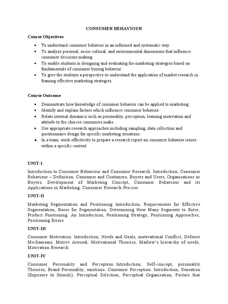 Consumer Behaviour Course Objectives | PDF | Consumer Behaviour | Behavior