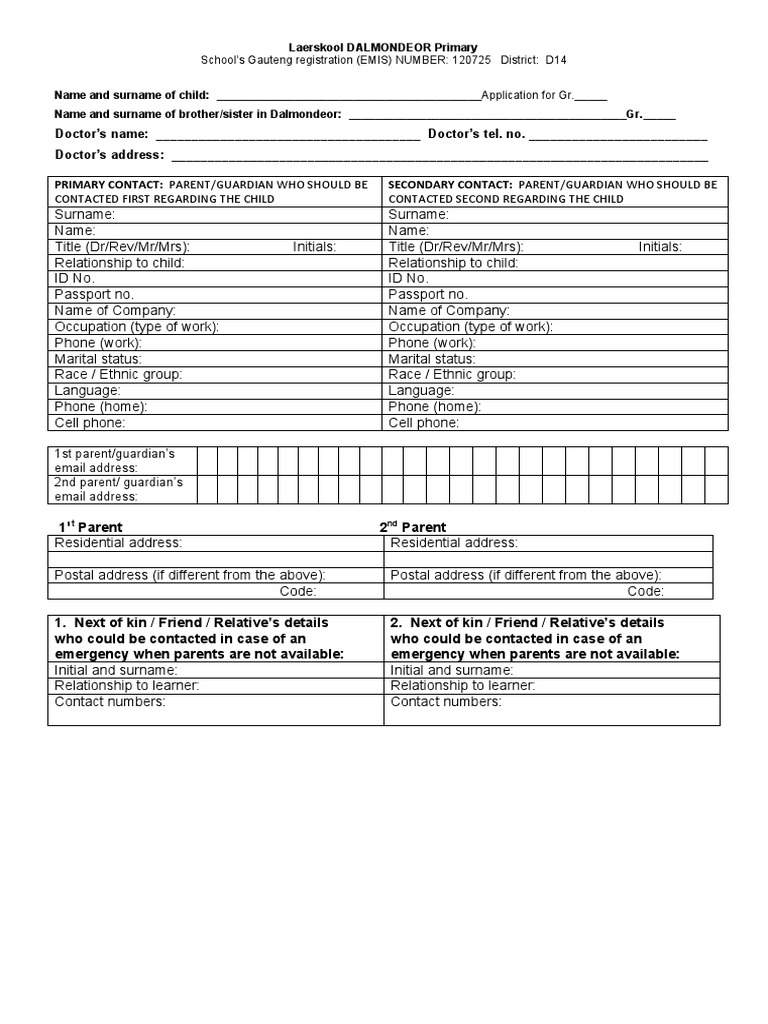 Dalmondeor Primary School Application Form | PDF | Parent | Relationships
