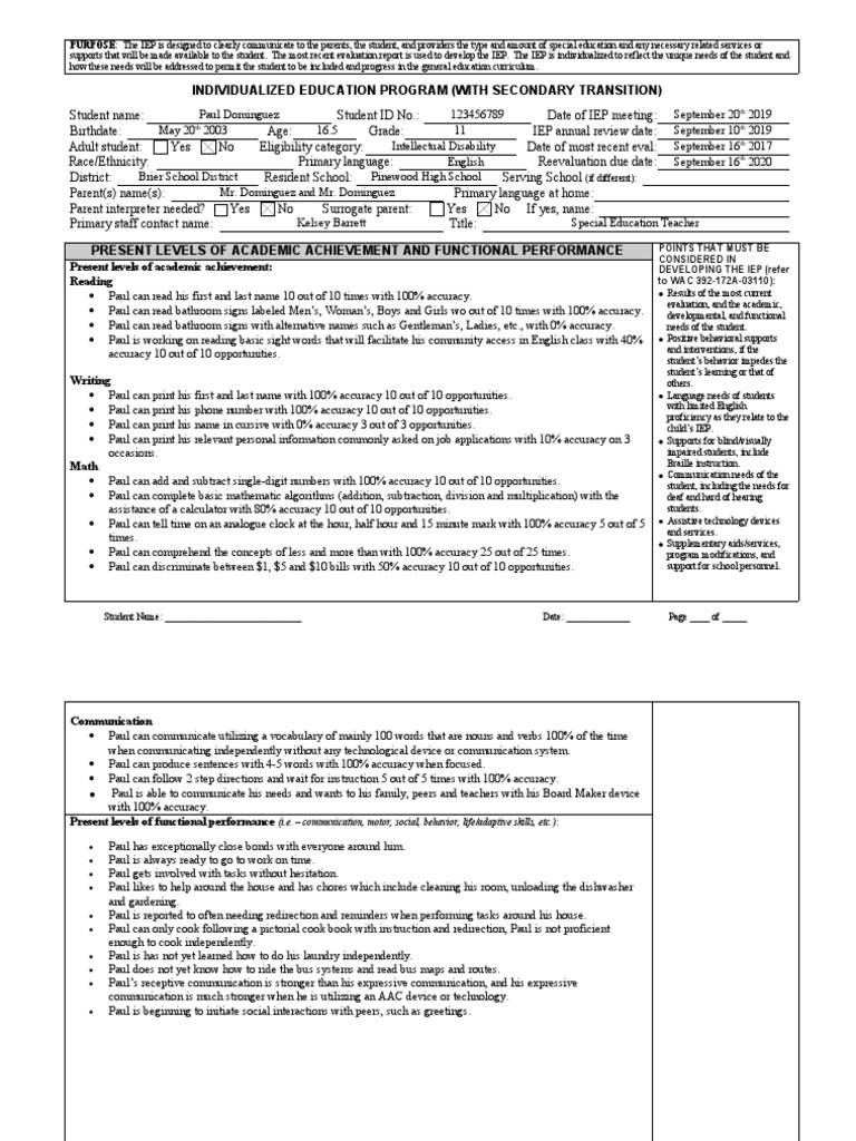 Sped 474 Paul Transition Iep | PDF | Individualized Education Program ...