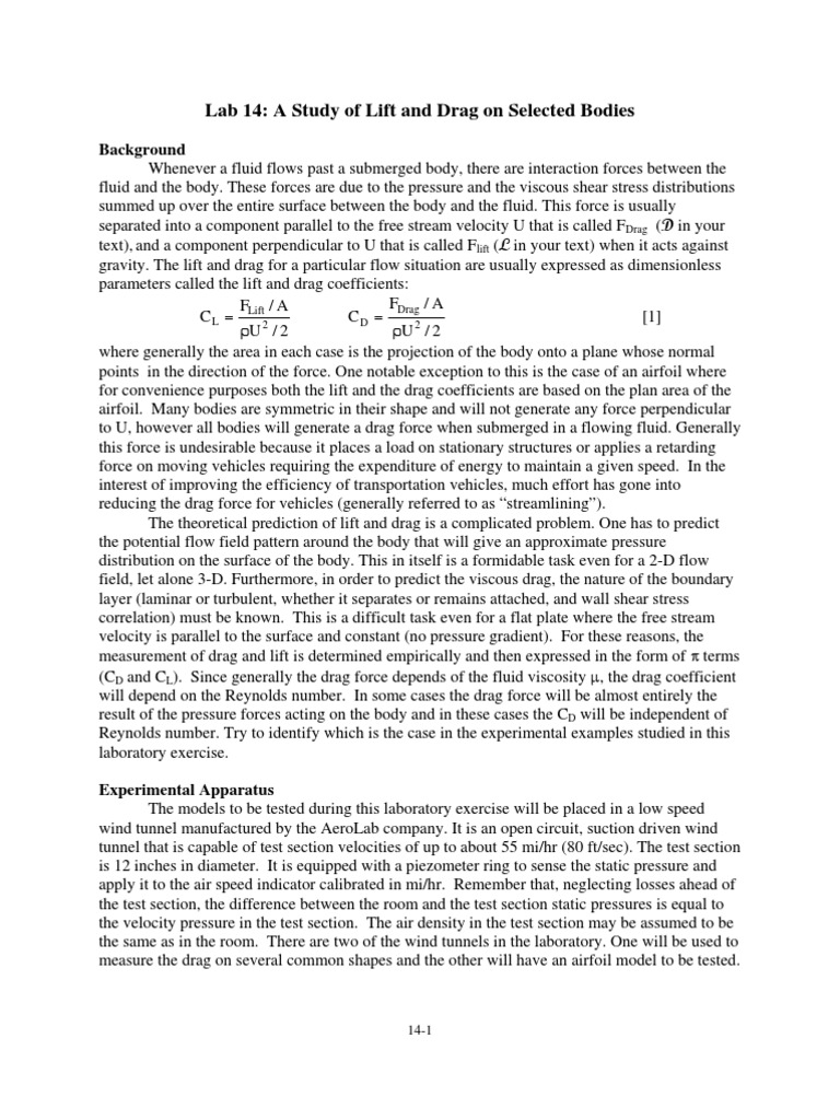 Lab 14: A Study of Lift and Drag On Selected Bodies: Background | PDF ...