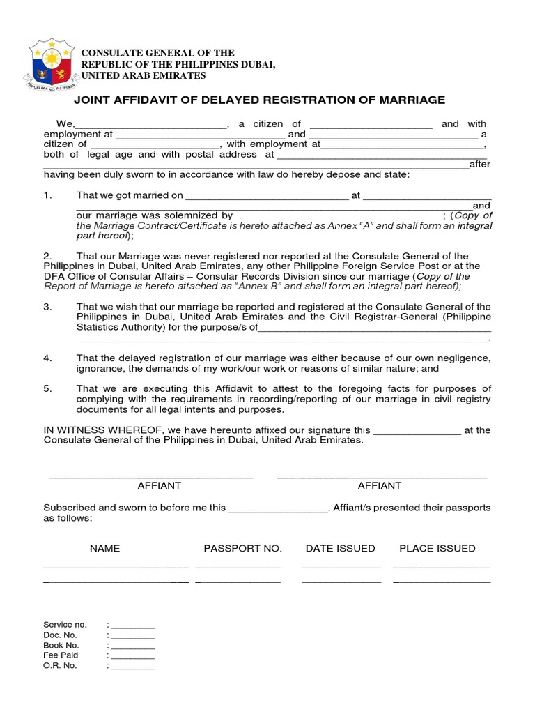 Joint Affidavit of Delayed Registration of Marriage | PDF | Affidavit | Consul (Representative)
