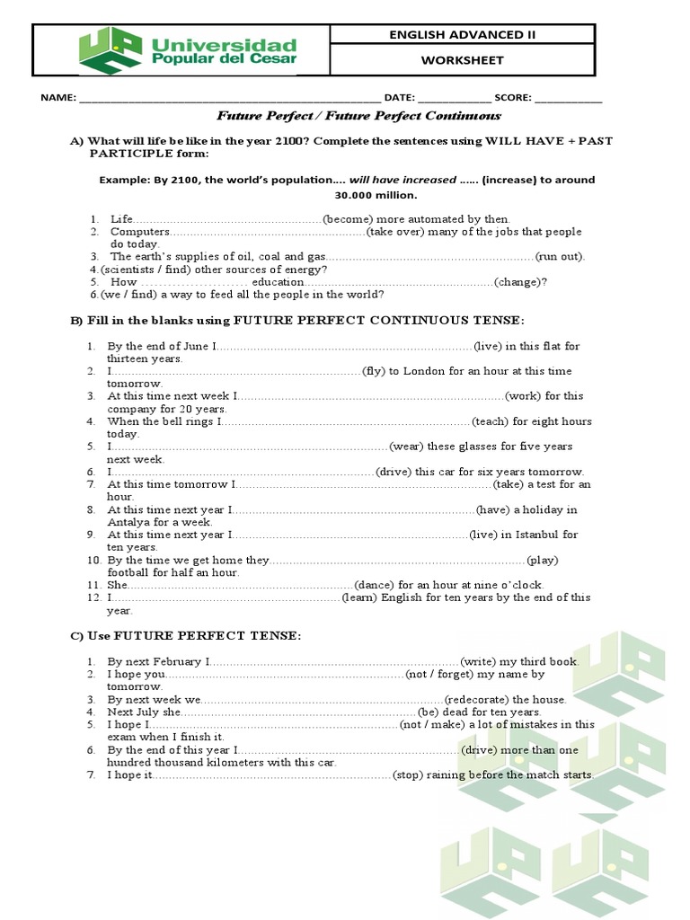 Future Perfect Tense Worksheet | PDF | Perfect (Grammar) | Morphology
