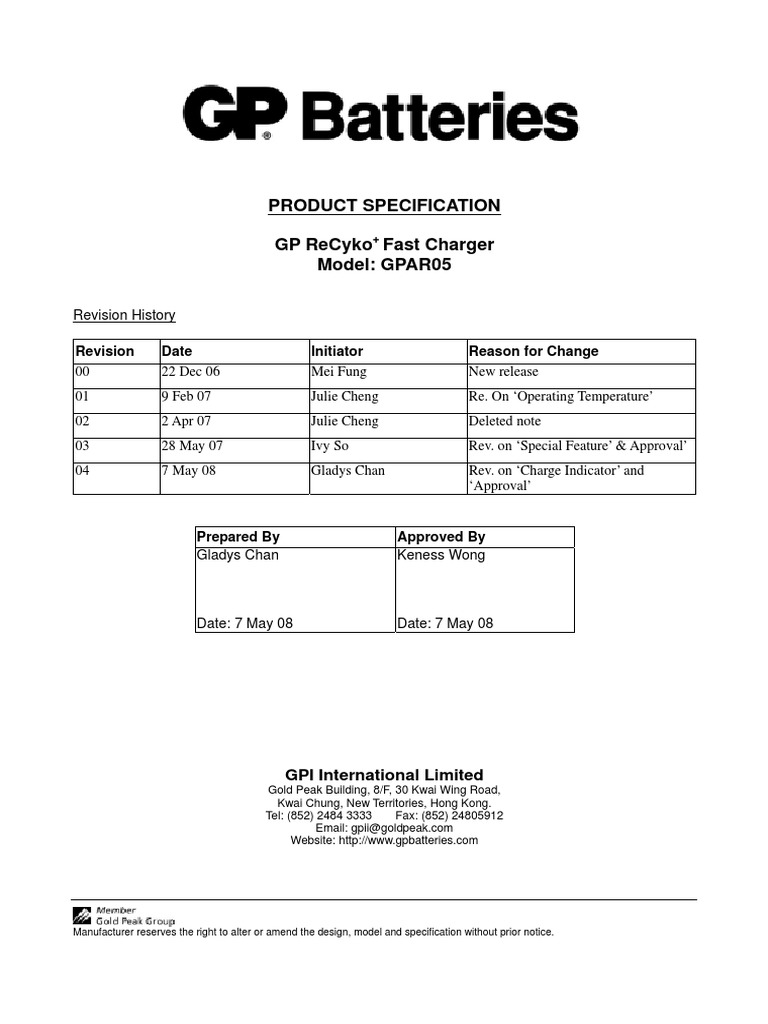Product Specification GP Recyko Fast Charger Model: Gpar05: Revision ...