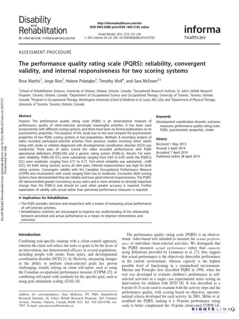 The Performance Quality Rating Scale (PQRS) : Reliability, Convergent ...