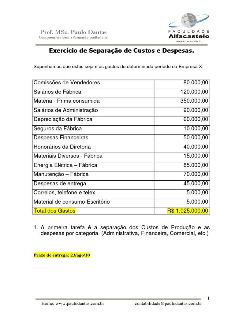 Gabarito Exercicio1 Custos PDF | PDF | Despesa | Business