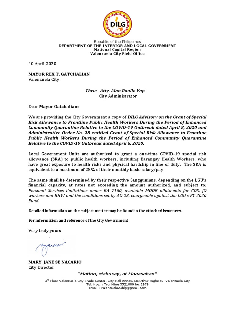 Letter To Lgu On The Grant of Special Risk Allowance | PDF