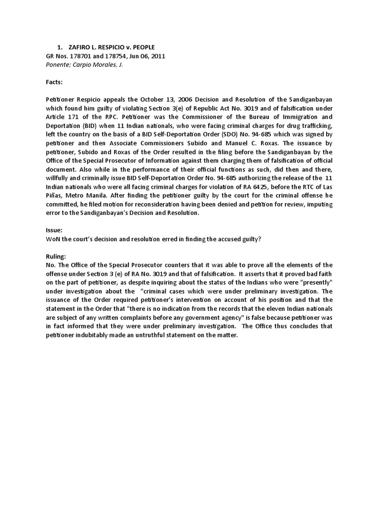 Ponente Carpio Morales, J.: 1. Zafiro L. Respicio V. People | PDF ...