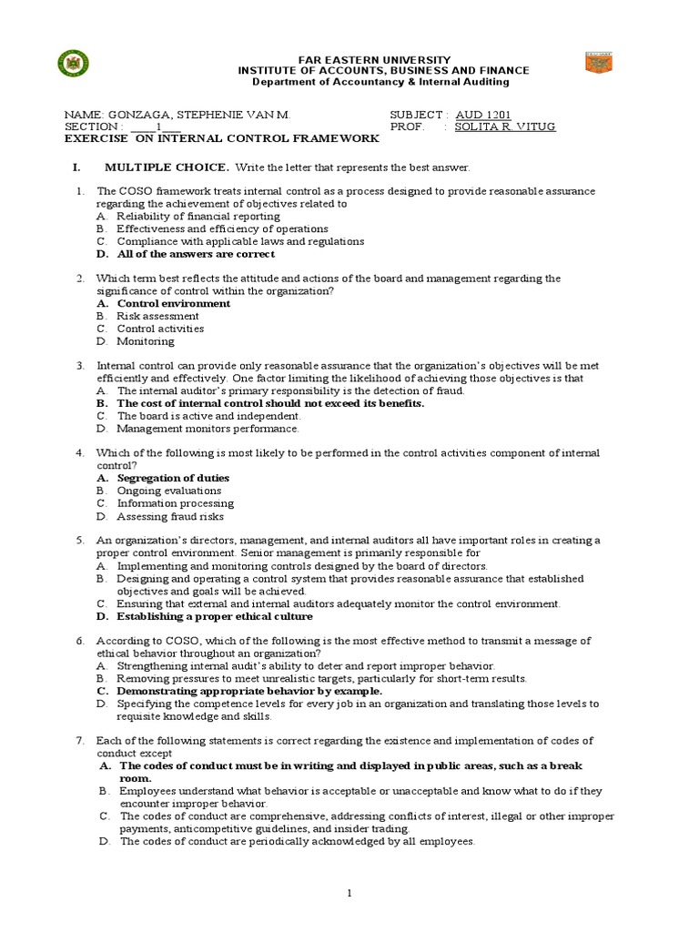 Gonzaga - Sec1 - Exercises On Internal Control Framework | PDF | Internal Control | Internal Audit