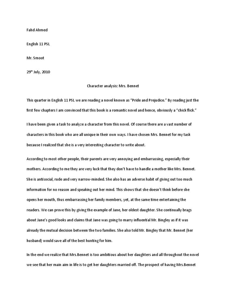 Character Sketch of Mrs - Bennet | PDF | Pride And Prejudice