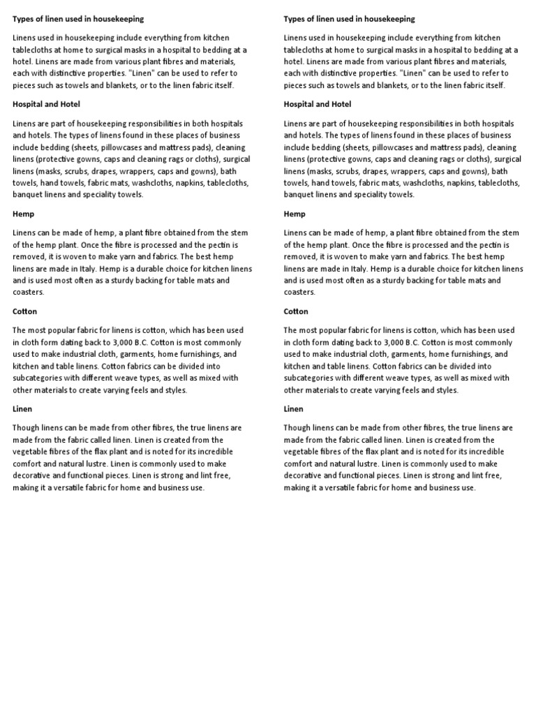 Types of Linen Used in Housekeeping | PDF | Linens | Textiles