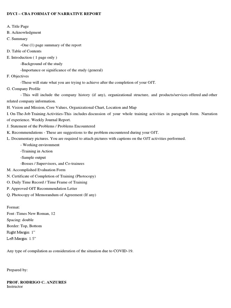 Dyci - Cba Format of Narrative Report | PDF