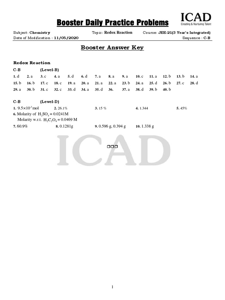 JEE Chemistry Redox Reaction Booster Answer Key | PDF