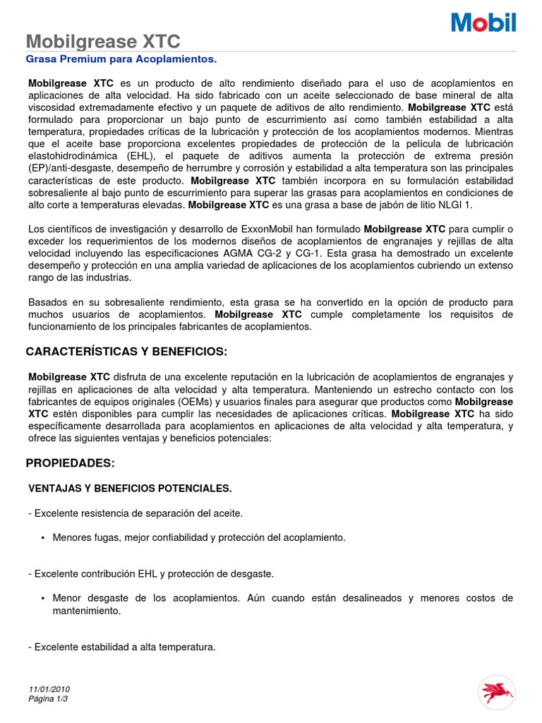 Mobilgrease XTC: Grasa para Acoplamientos | PDF | Lubricante | Engranaje