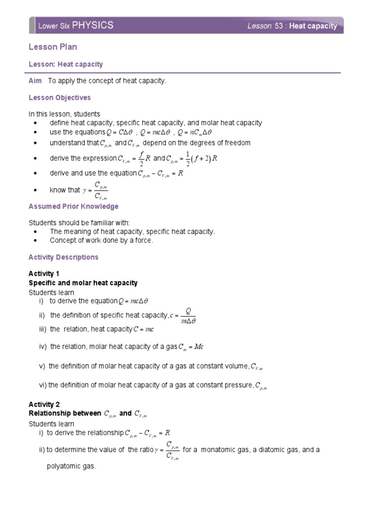 Lesson Plan: Lesson: Heat Capacity Aim: Lesson Objectives | PDF | Heat ...