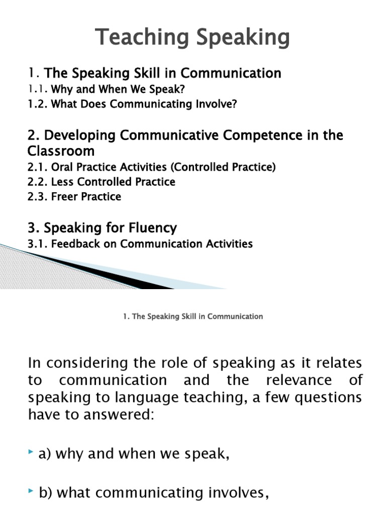 Teaching Speaking: 1. The Speaking Skill in Communication | PDF ...
