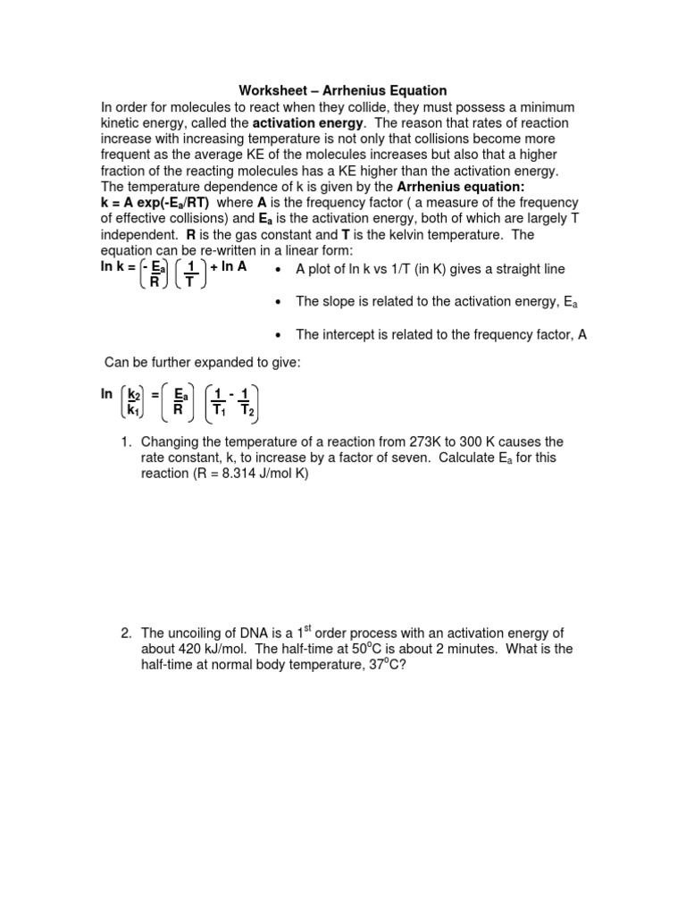 Worksheet-Arrhenius Equation | PDF | Activation Energy | Reaction Rate
