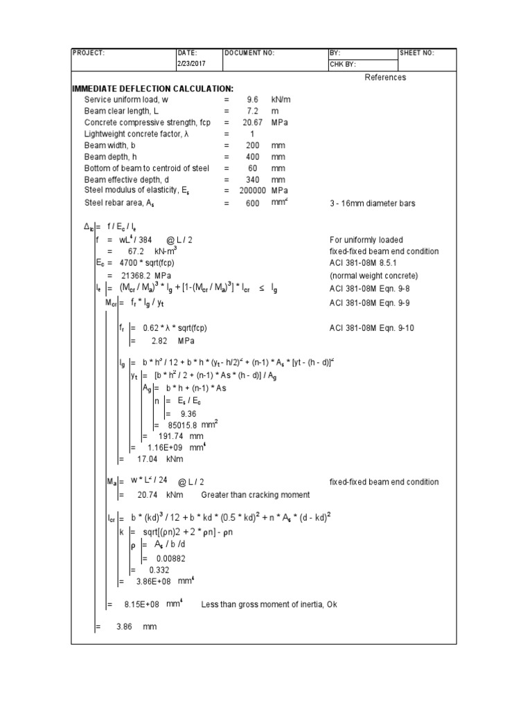 Immediate Deflection Calculation | PDF | Beam (Structure) | Young's Modulus