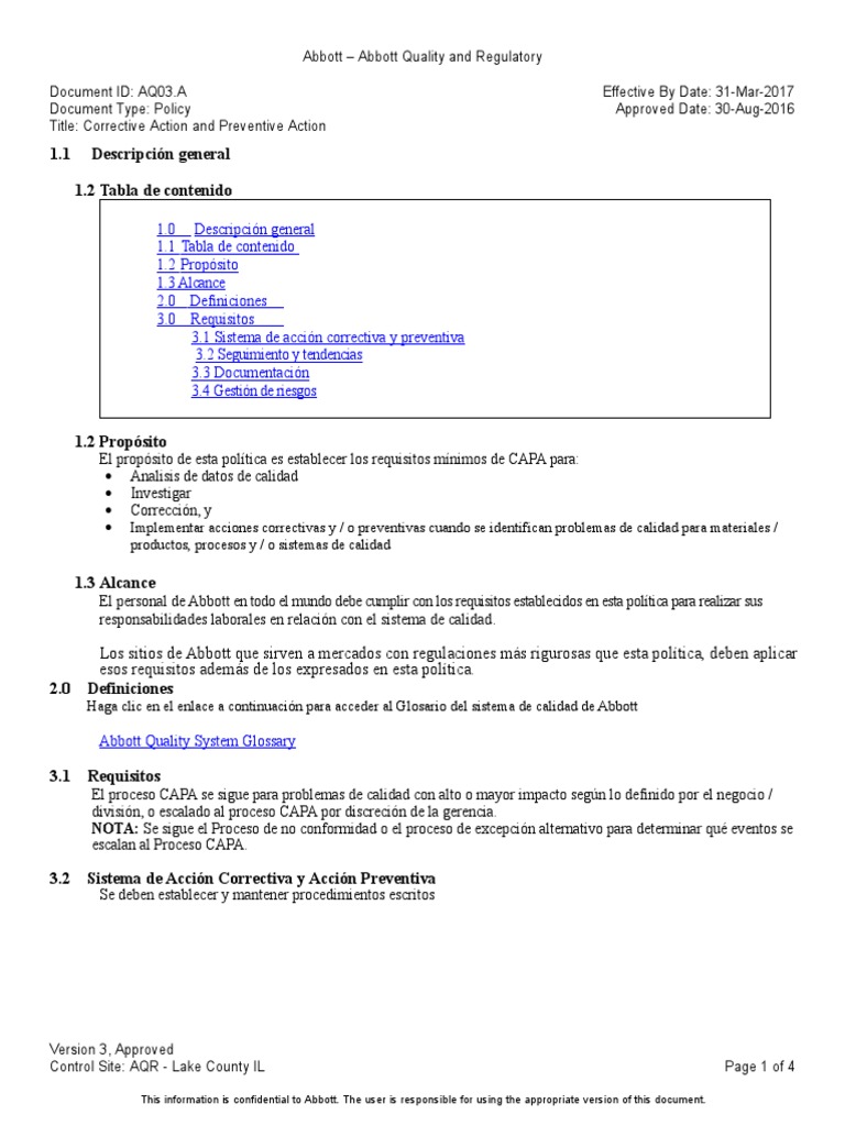 AQ03.A Corrective Action and Preventive Action V3 (Implementada 2017 y VIGENTE) | PDF ...