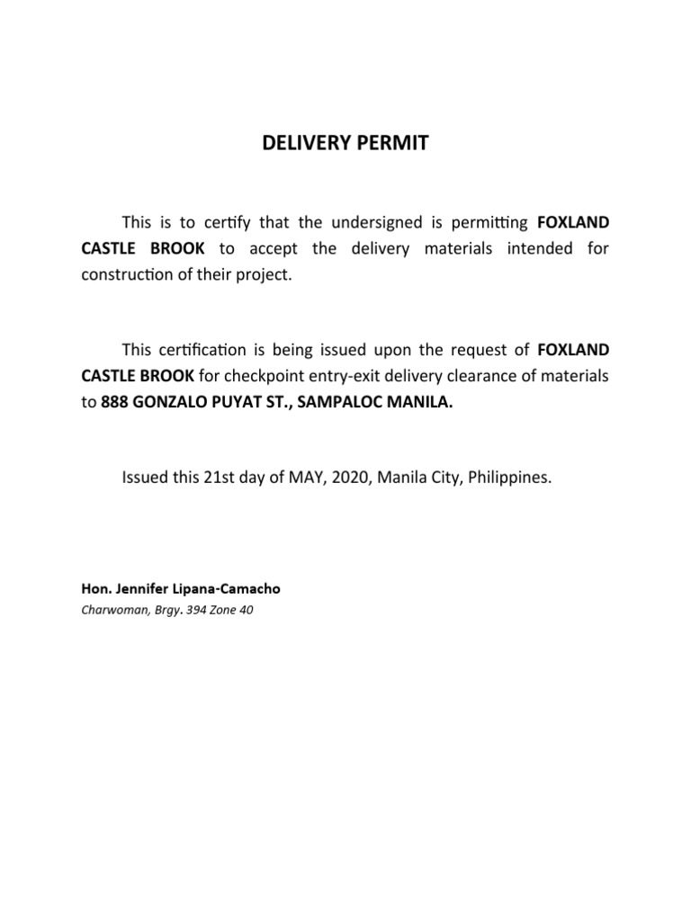 Delivery Permit Template | PDF
