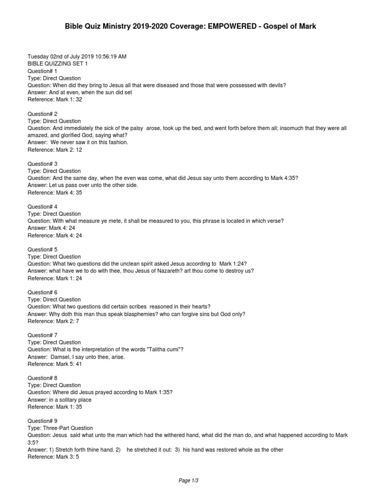 Bible Quiz Ministry 2019-2020 Coverage: EMPOWERED - Gospel of Mark ...