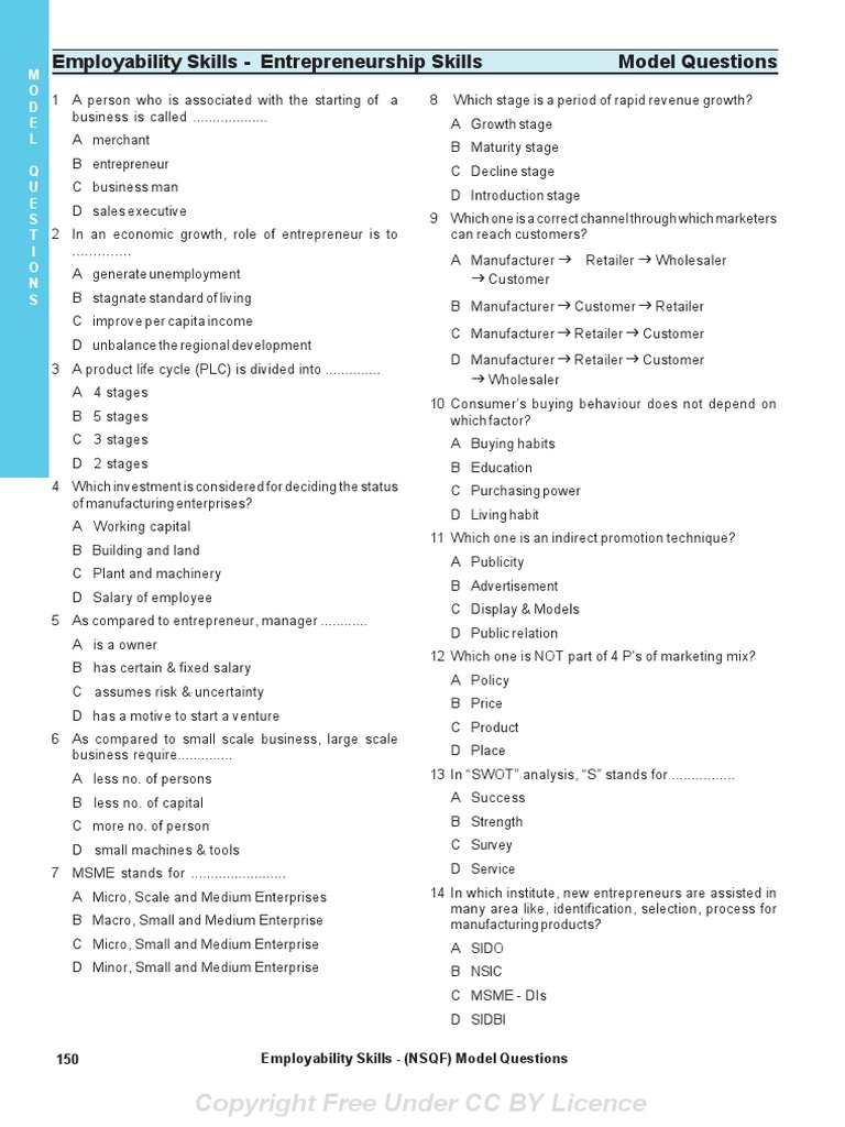 Employability Skills - Entrepreneurship Skills Model Questions ...