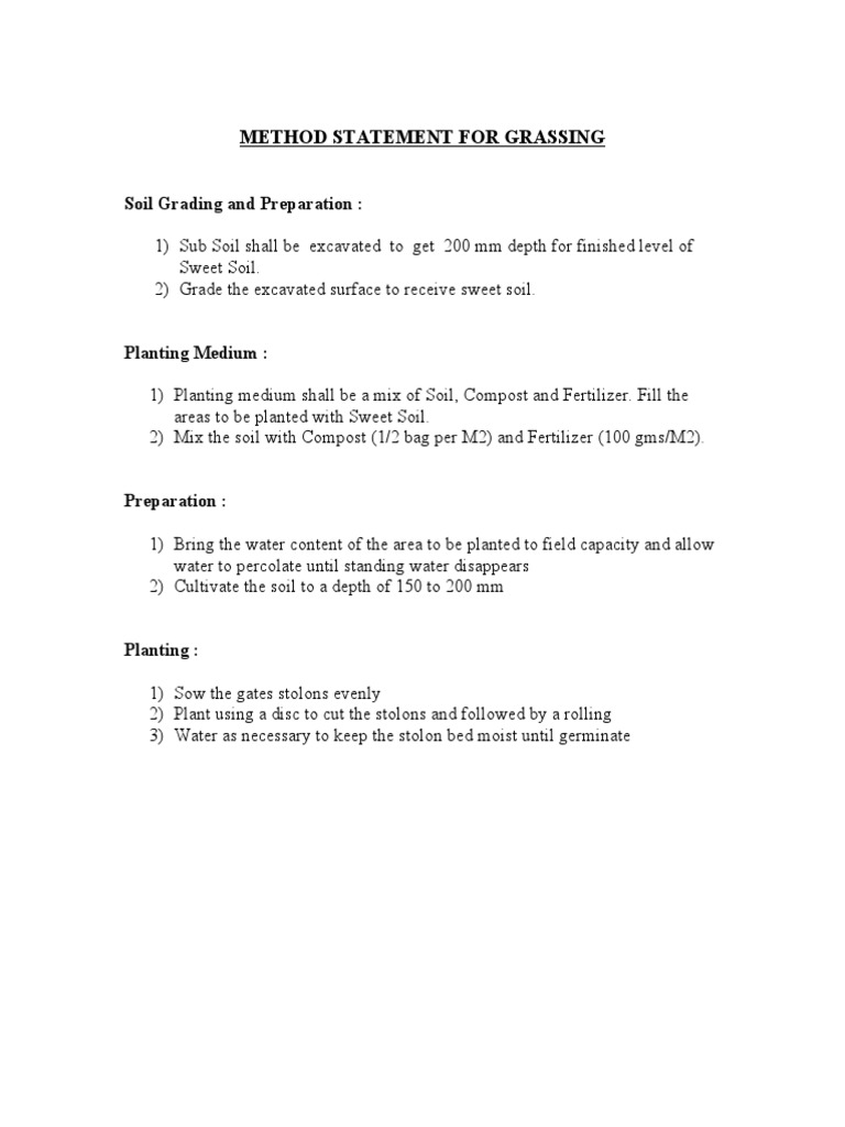 Method Statement For Grassing: Soil Grading and Preparation | PDF