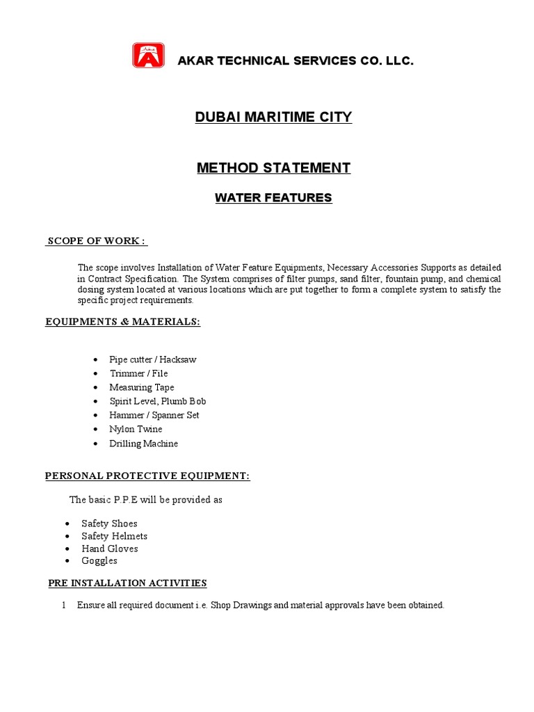 Method Statement-Water Features | PDF | Pipe (Fluid Conveyance) | Pump