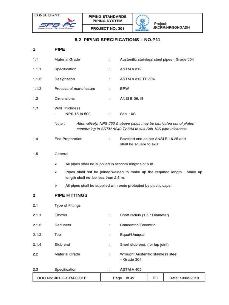 PIPING SPECIFICATIONS | PDF | Pipe (Fluid Conveyance) | Economic Sectors