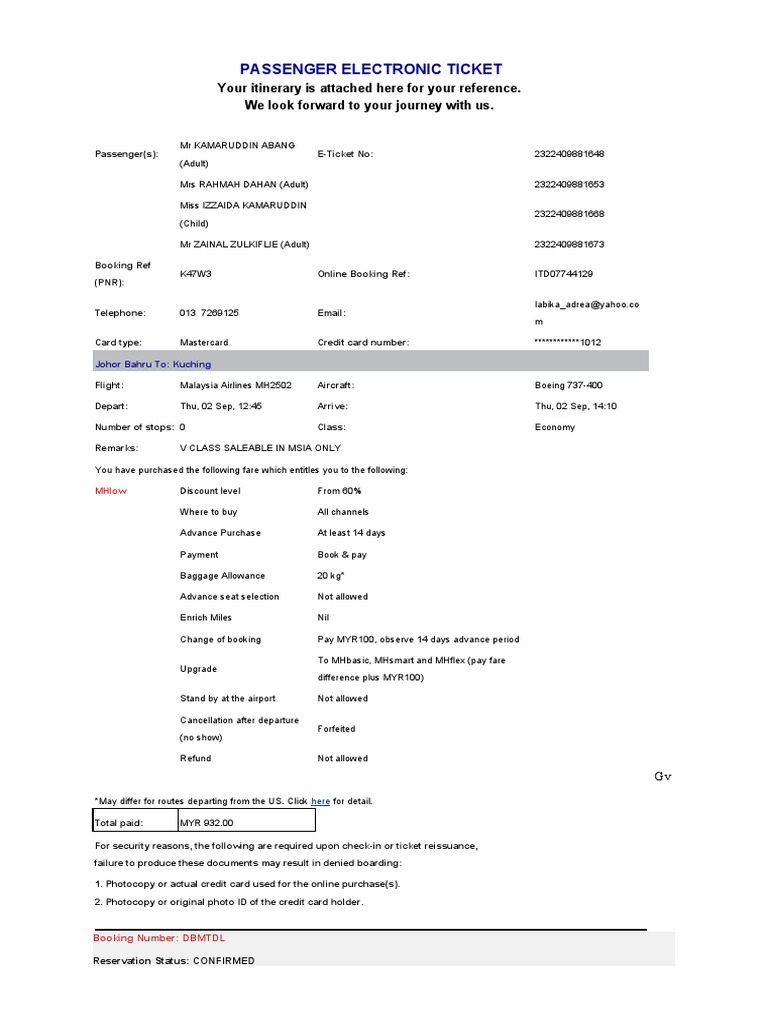 Passenger Electronic Ticket: Your Itinerary Is Attached Here For Your ...