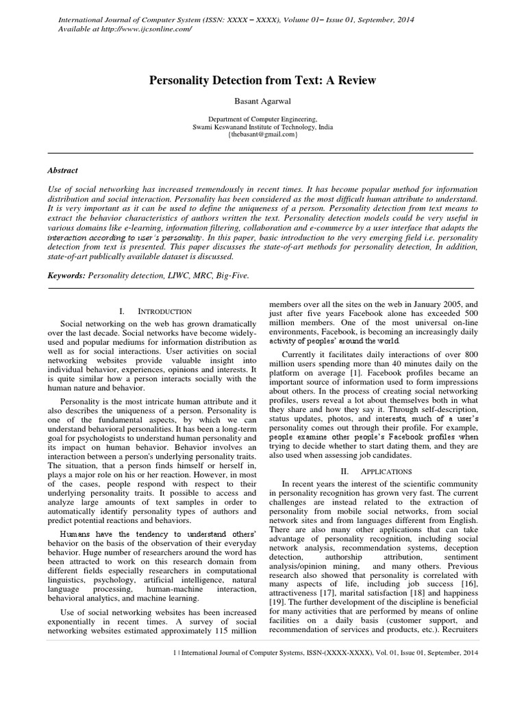 Personality Detection From Text: A Review | PDF | Machine Learning | Extraversion And Introversion