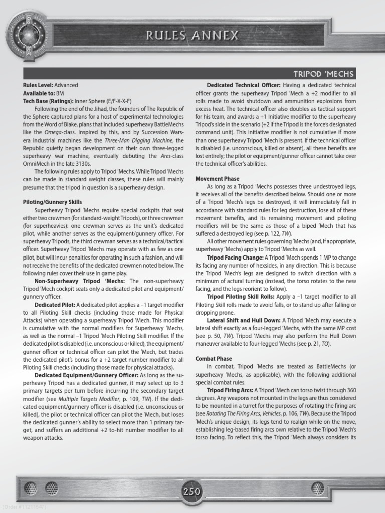 Rules for Playing with Tripod BattleMechs: Special Movement, Combat ...