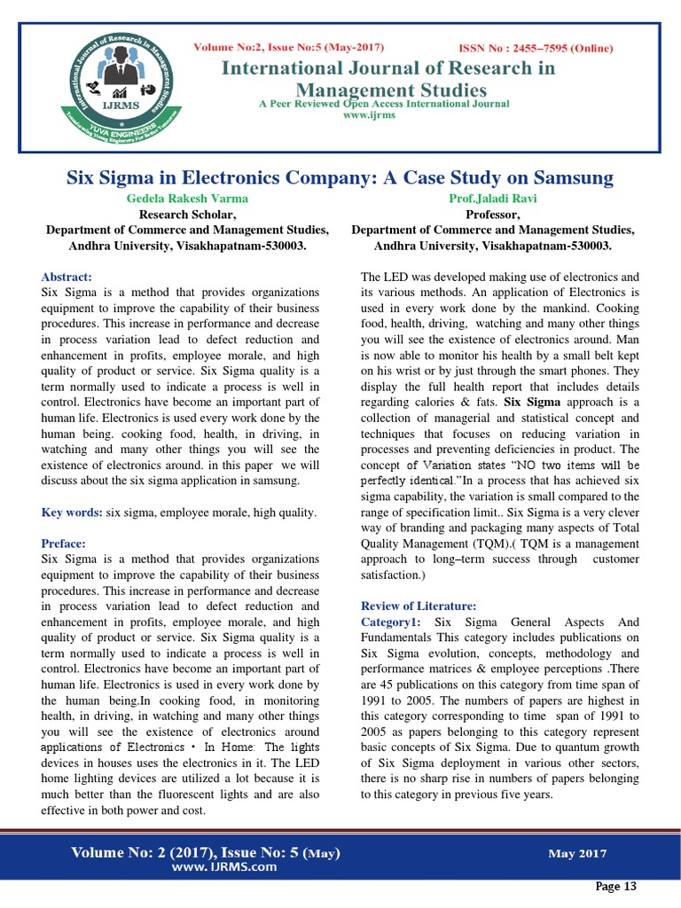 Six Sigma in Electronics Company: A Case Study On Samsung: Gedela ...