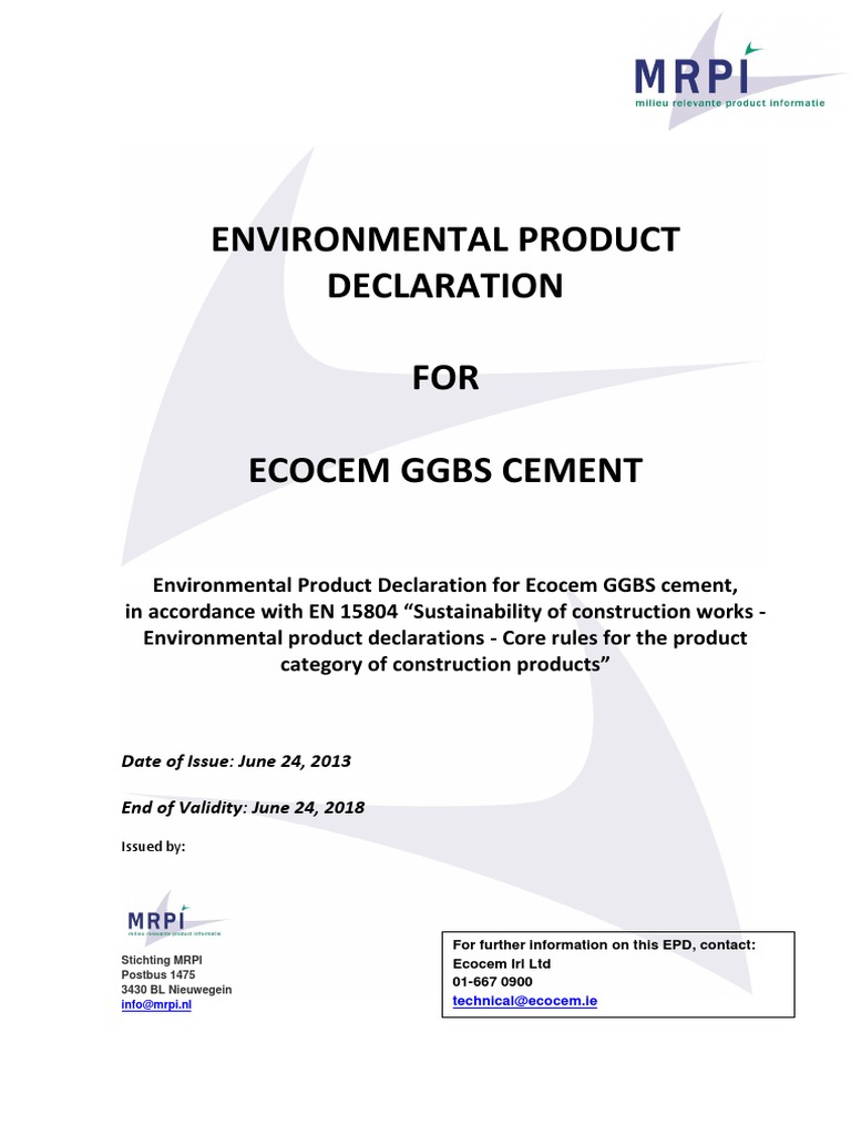 MRPI Certificate EPD Ecocem GGBS | PDF | Waste | Concrete