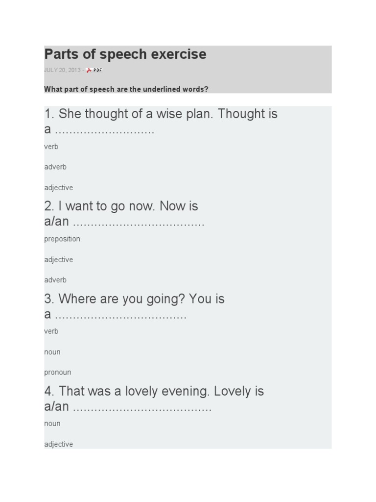 Parts of Speech Exercises | PDF | Adverb | Adjective