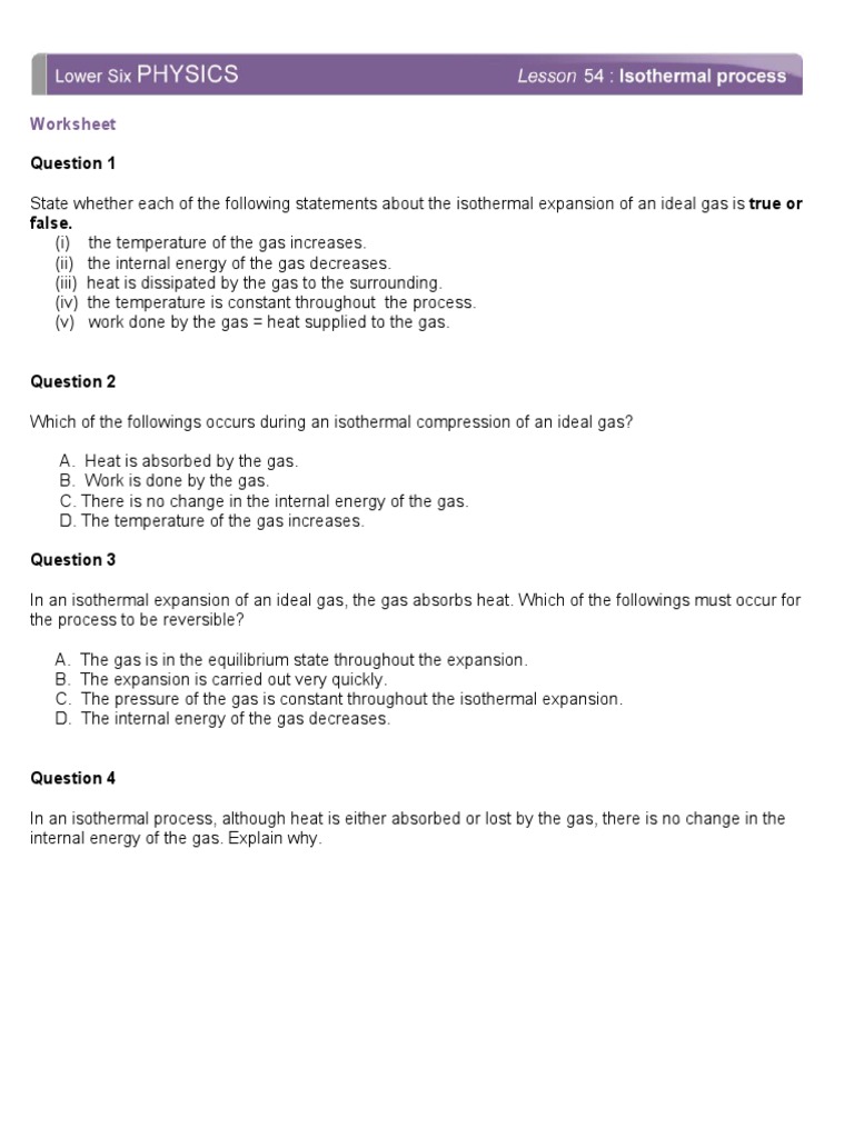 Physics Worksheet 54 | PDF | Gases | Heat