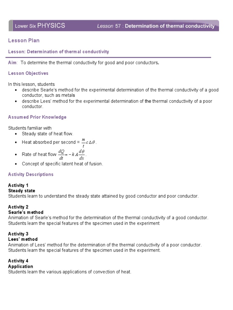 Physics Lesson Plan 57 Determination of Thermal Conductivity | PDF | Thermal Conductivity | Heat ...