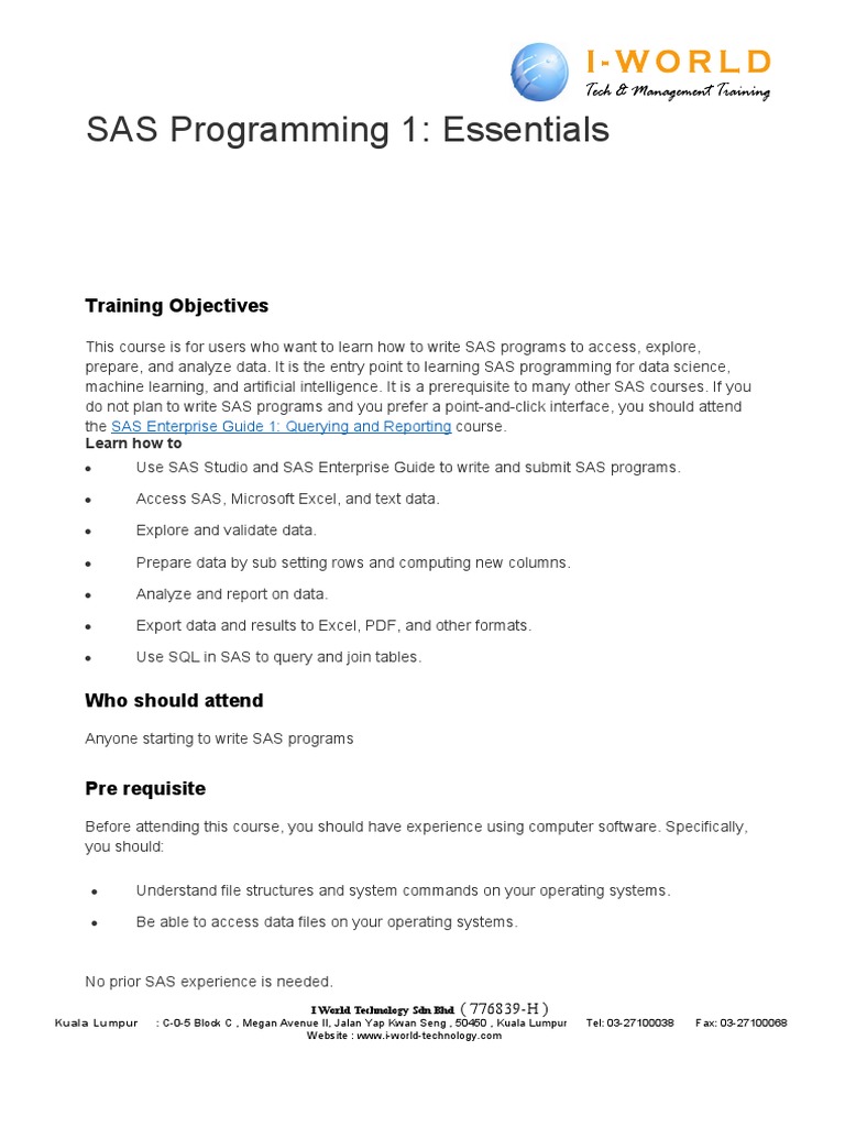 SAS Programming 1: Essentials: Training Objectives | PDF | Sas (Software) | Computer Programming